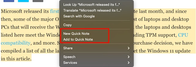 How to Use Quick Note in macOS Monterey on Mac | Beebom