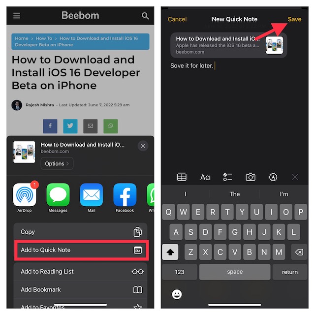 How to Enable and Use Quick Note on iPhone in iOS 16 (2022) | Beebom